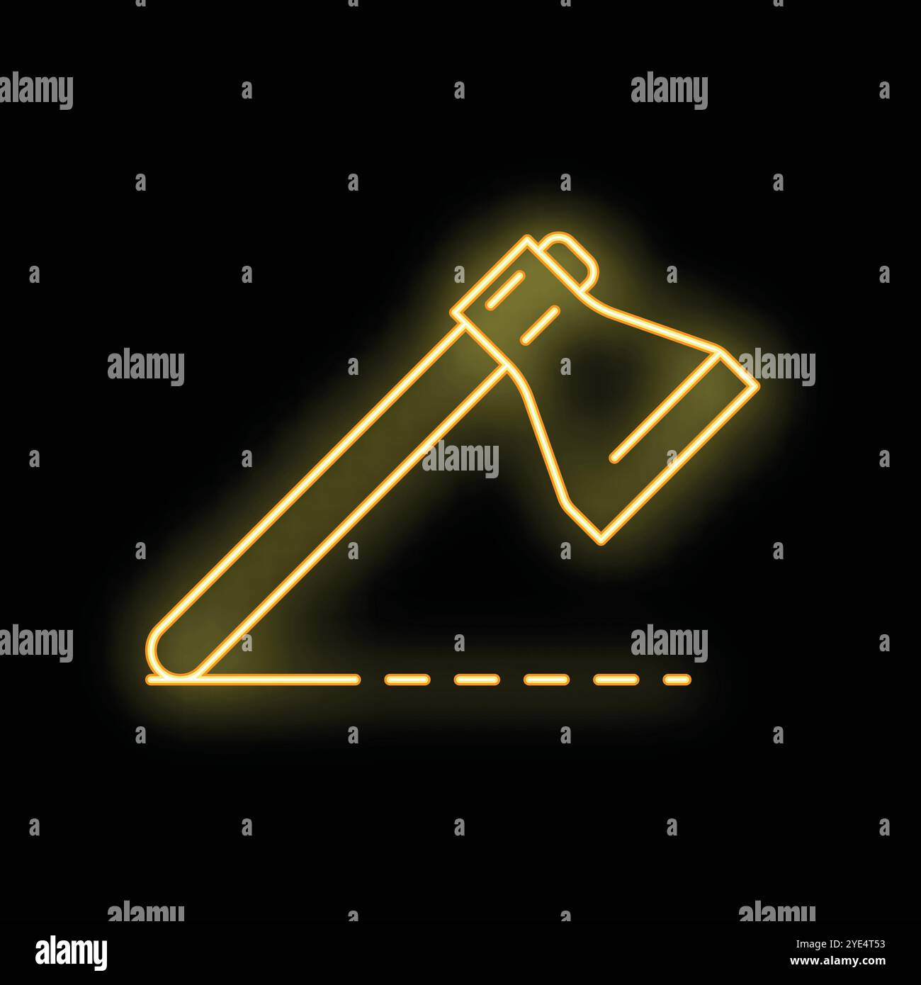 Yellow neon axe breaking wood with glowing line on black background ...