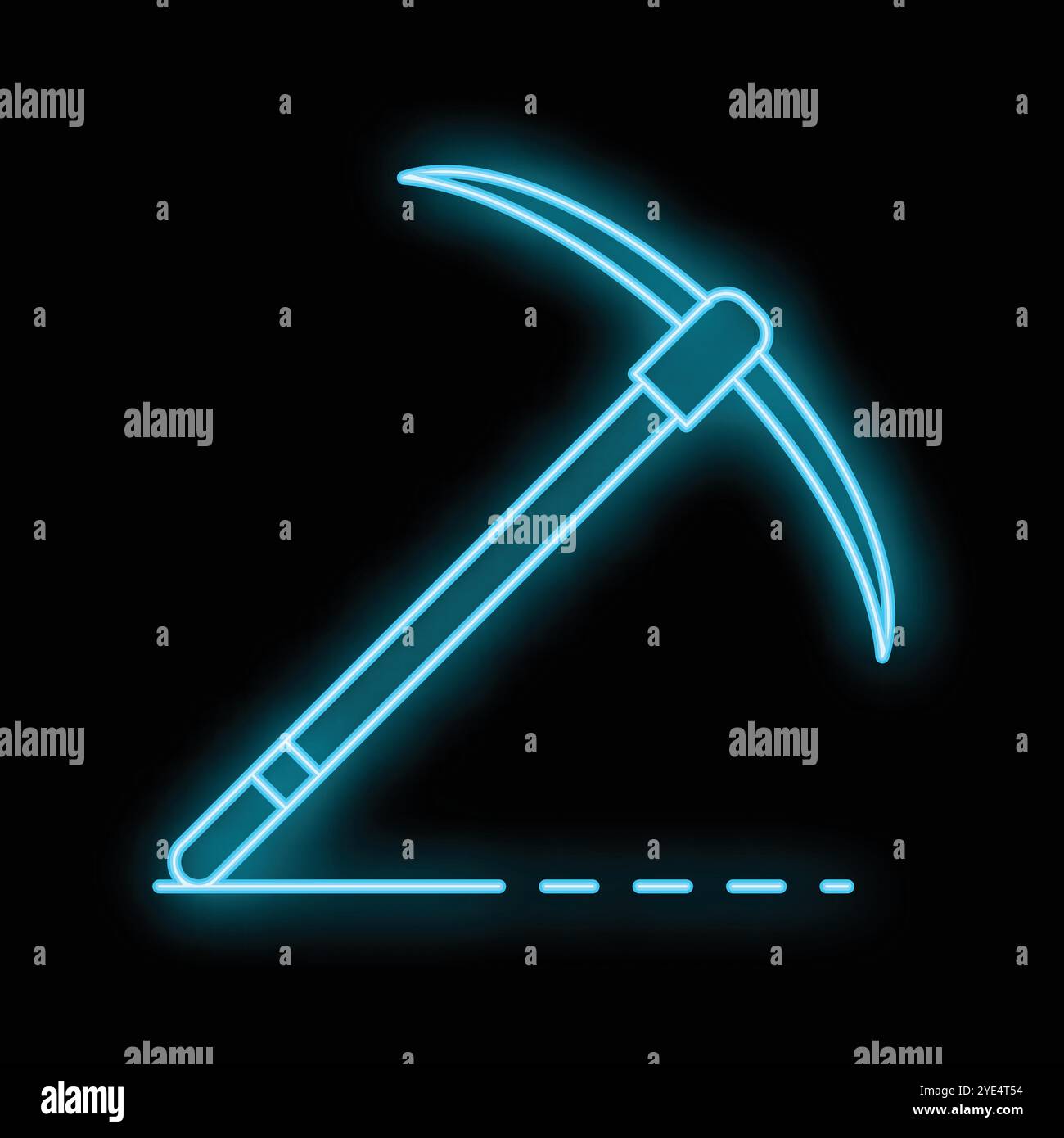 Blue neon glowing pickaxe breaking ground, simple mining concept icon ...
