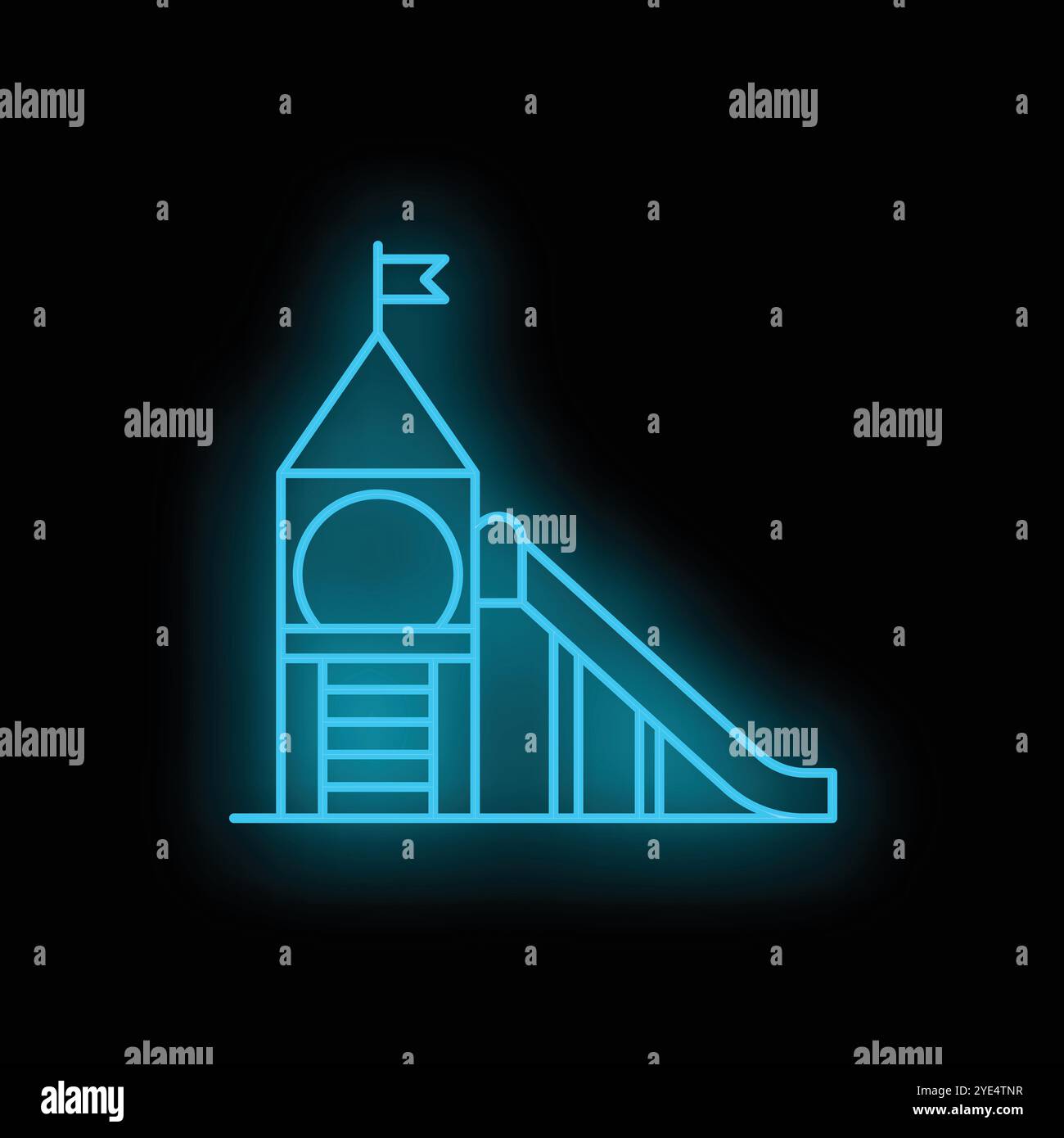 Bright blue neon sign showing a children playground structure with a ...