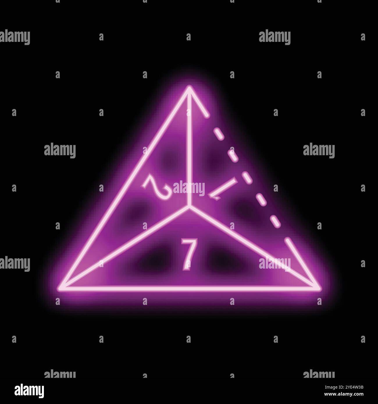 Pink neon sign of a twenty sided die showing the number seven glowing ...