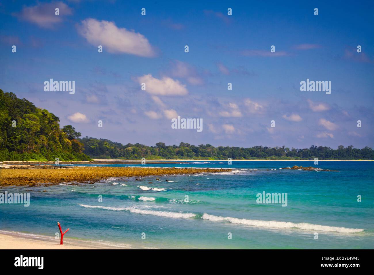Rose Island in Andaman, India, lined with palm trees and benches ...