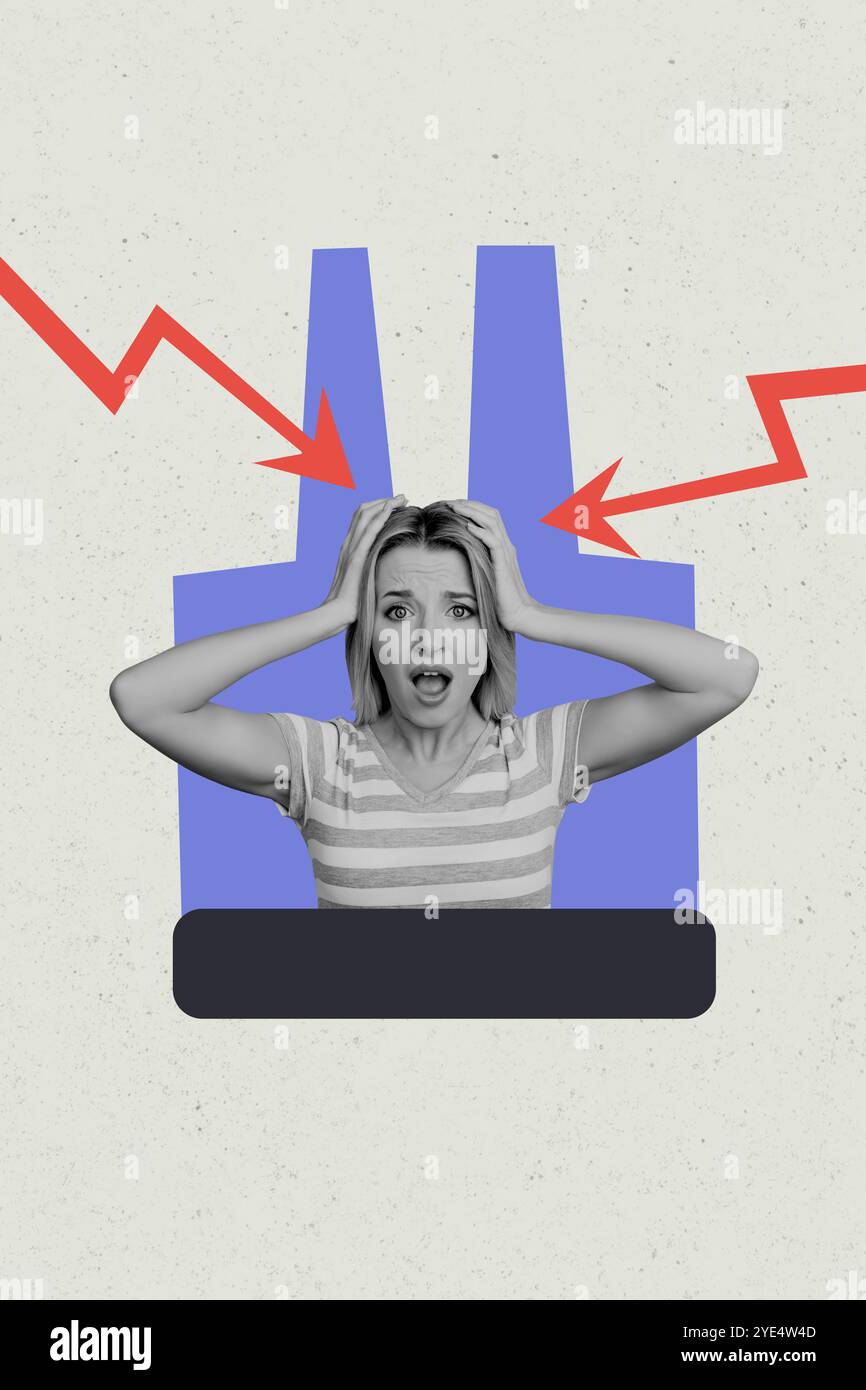 Composite trend artwork sketch image 3D photo collage of monochrome young lady omg face headache ...