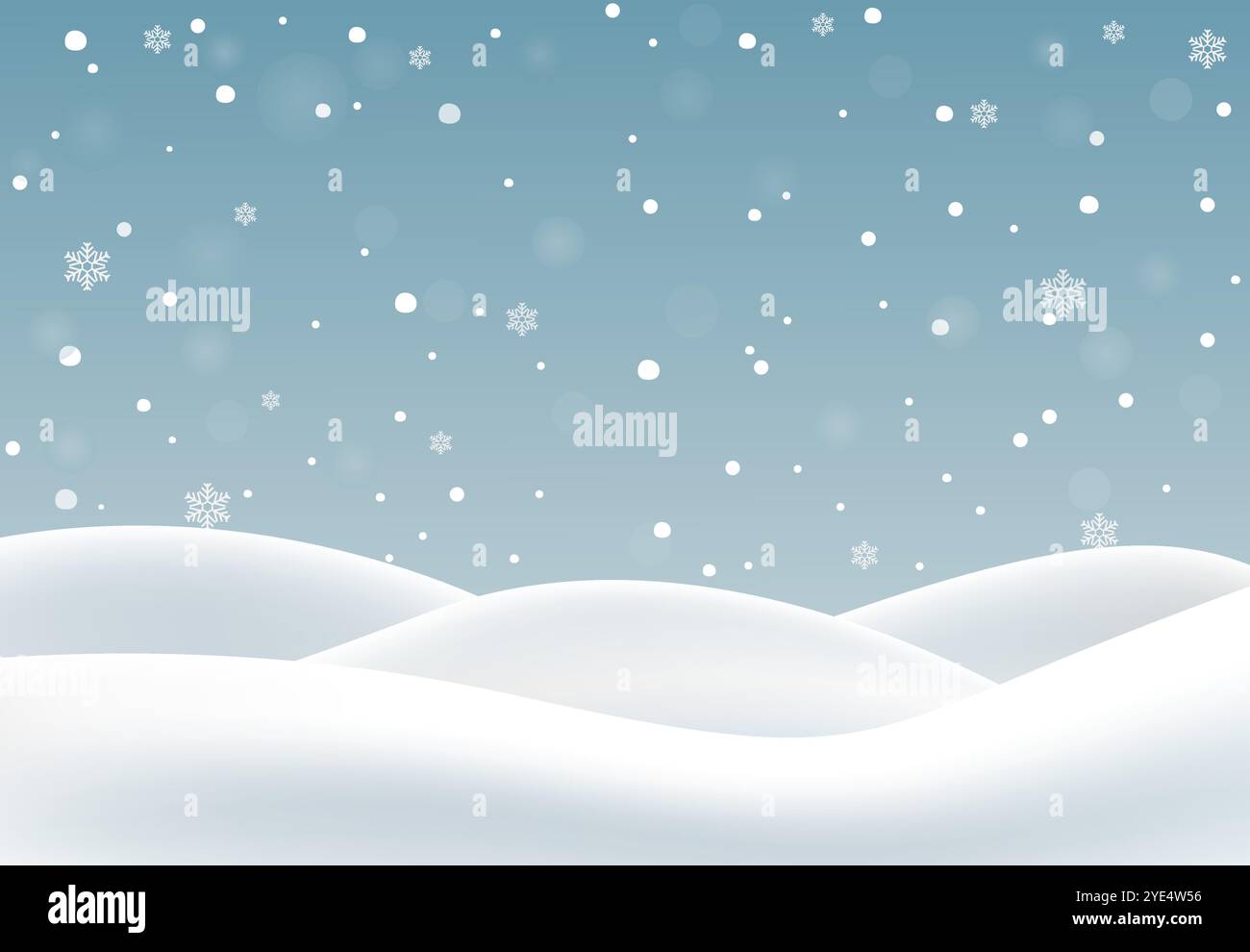 Winter snowy landscape. Hills with snowdrifts. Blue sky and snowfall ...