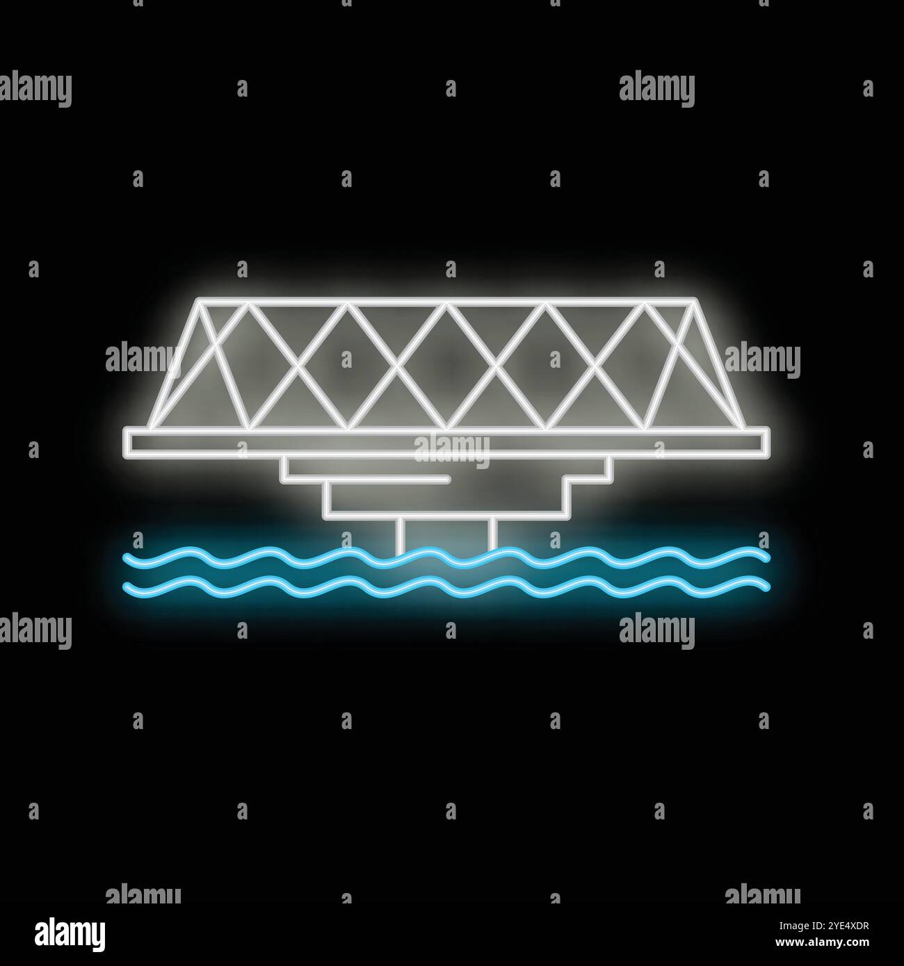 Glowing white neon bridge is spanning over blue glowing water with a ...