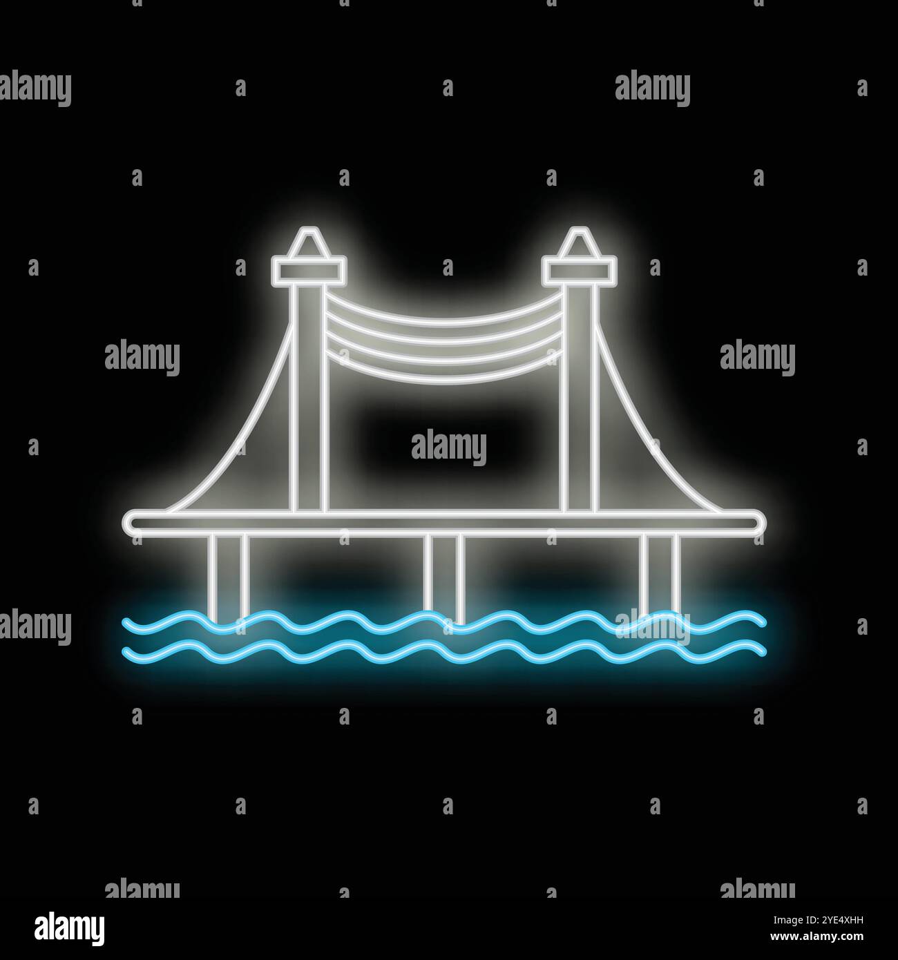 Glowing neon sign depicting a suspension bridge over water, perfect for ...