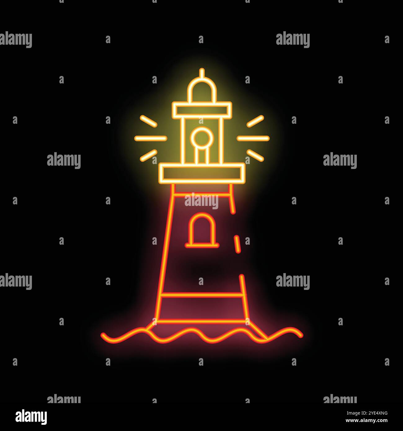 Neon style vector illustration of a lighthouse shining its light on a ...