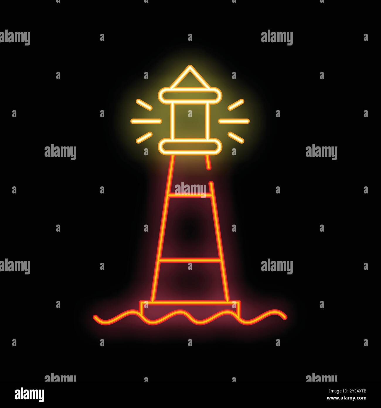Neon illustration of a lighthouse shining a light beam over water at ...