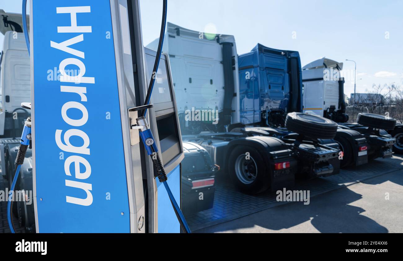 A hydrogen fuel cell semi truck near filling station. Eco-friendly ...