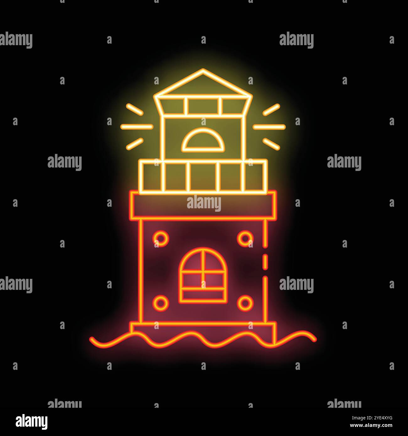 Neon sign depicting a lighthouse shining its beam over a wavy body of ...