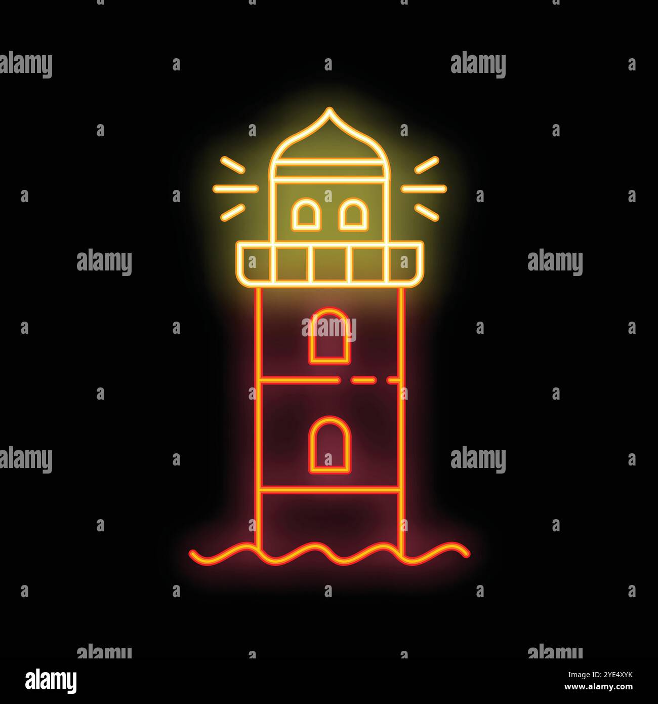 Neon sign showing a lighthouse projecting light beams at night Stock ...
