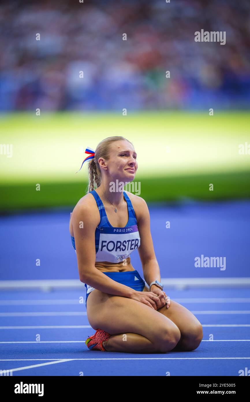 Viktoria Forster participating in the 100 meters hurdles at the Paris ...