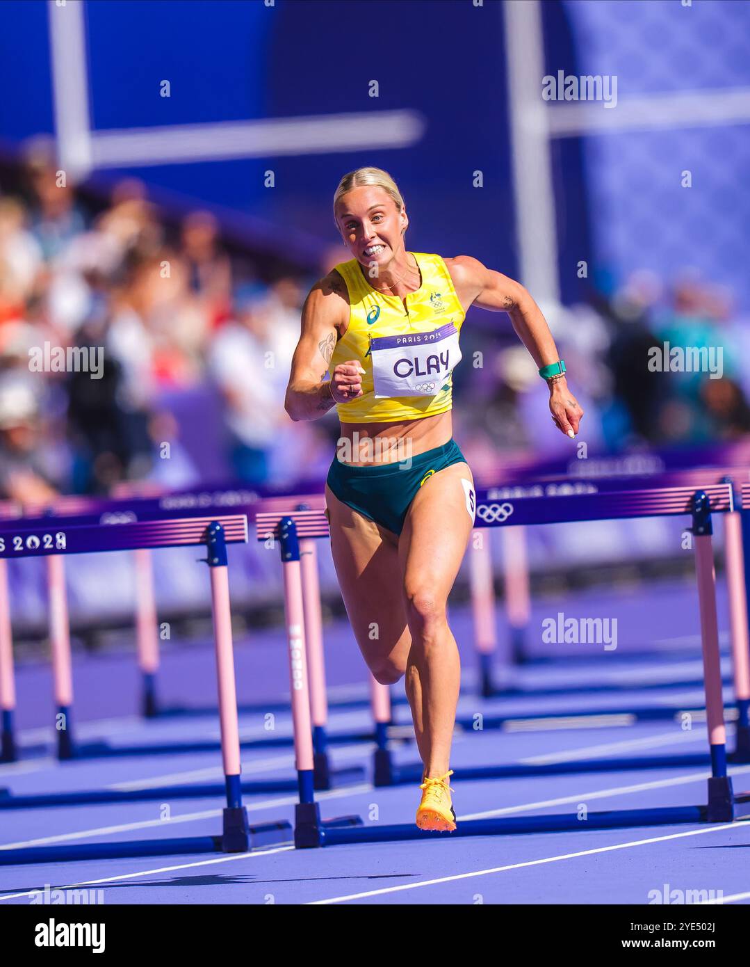 Liz Clay participating in the 100 meters hurdles at the Paris 2024 ...