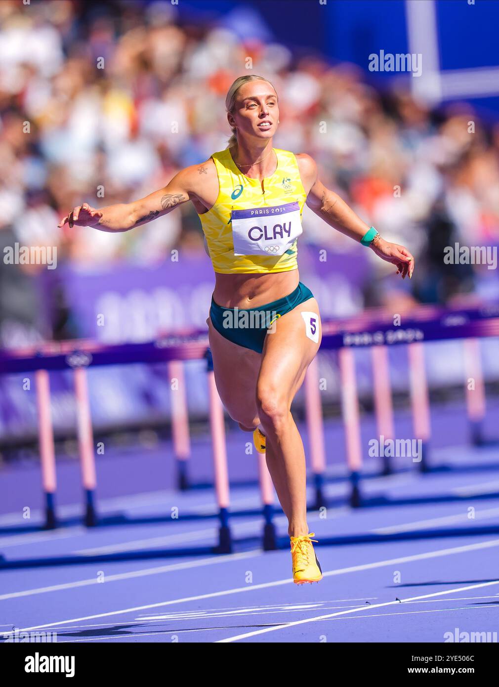 Liz Clay participating in the 100 meters hurdles at the Paris 2024 ...