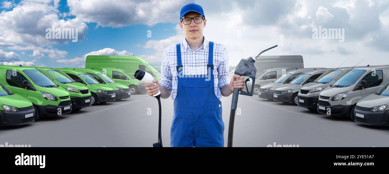 Man wearing driver uniform holds electric vehicle charging plug and ...