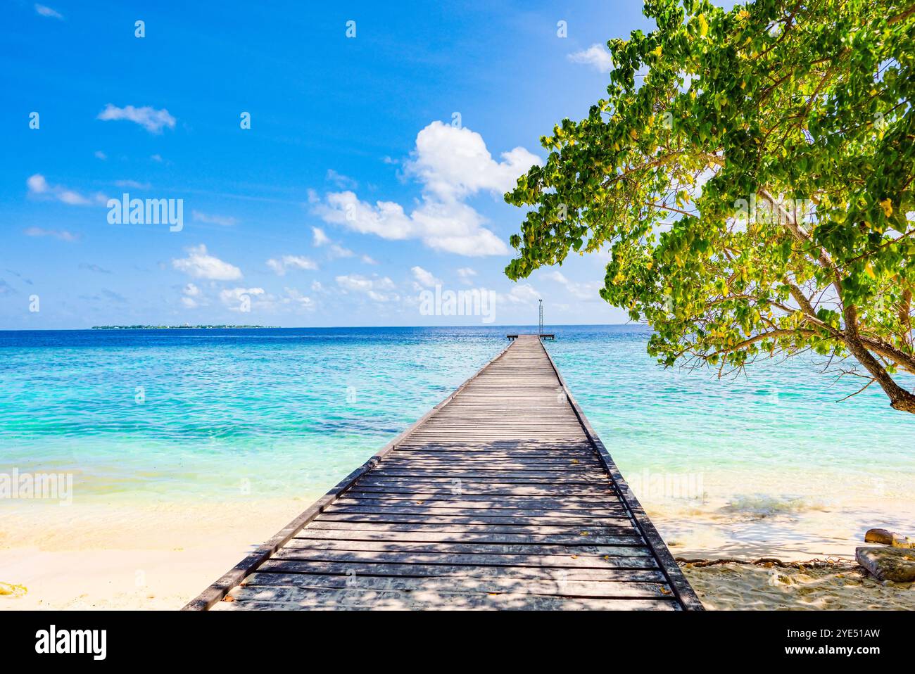 Shoreline and wooden jetty extending into the Indian Ocean. Maldives ...