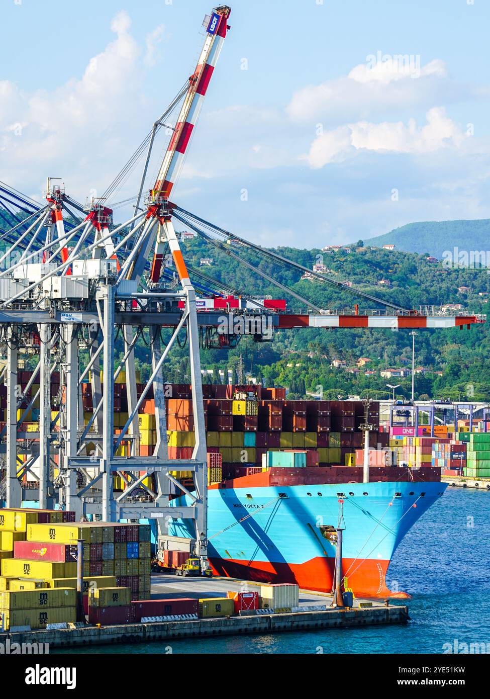 La Spezia, Italy- May 28, 2024: Large, high fully loaded container ship ...