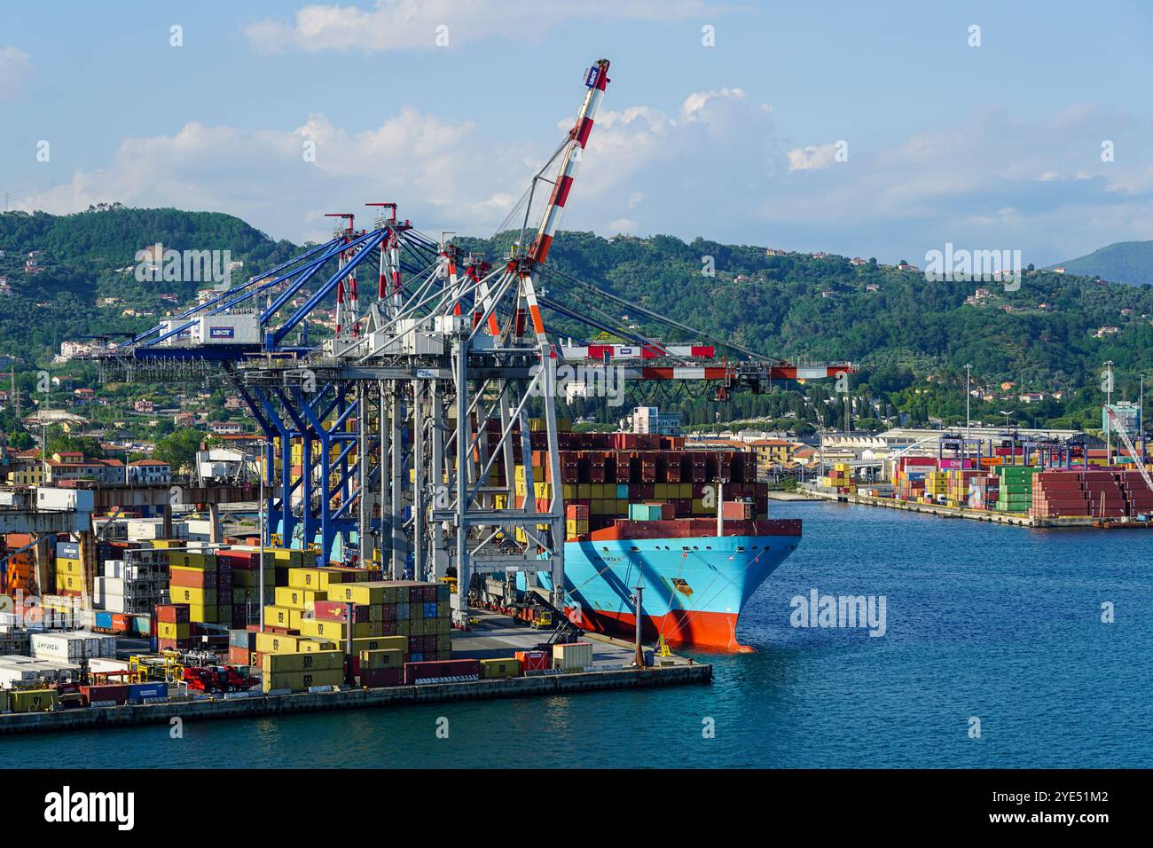 La Spezia, Italy- May 28, 2024: Large, high fully loaded container ship ...