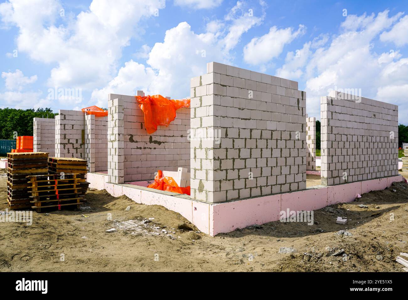 Wall construction of a new residential house from expanded clay blocks ...