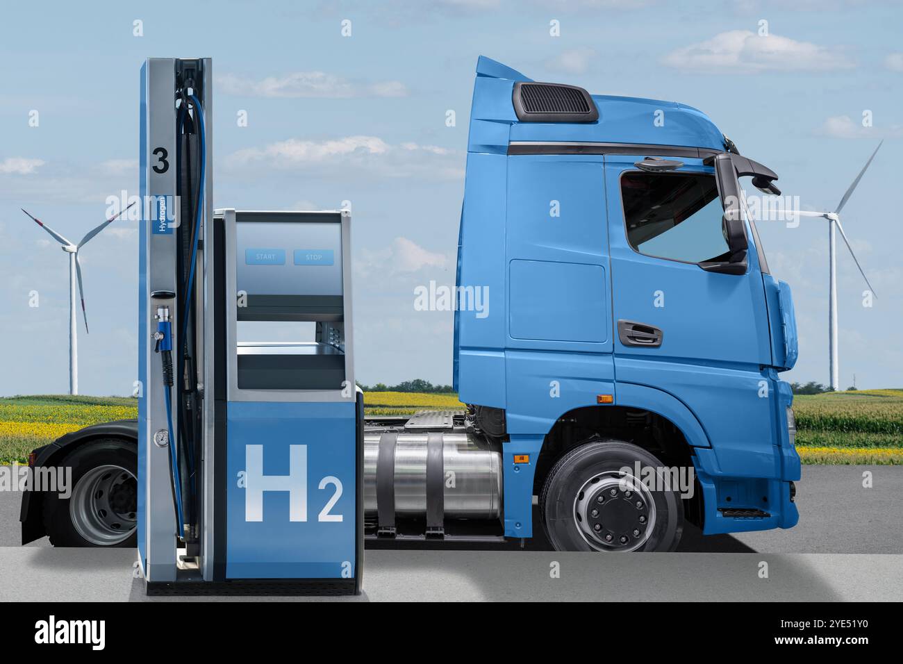 A hydrogen fuel cell semi truck with H2 gas cylinder onboard next to ...