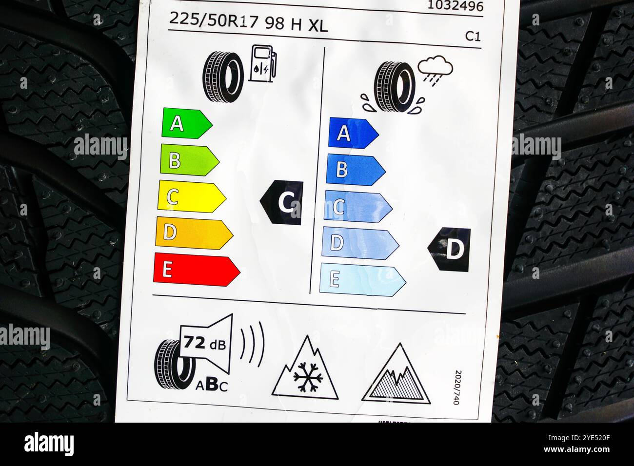 Winter tire label with new pictograph with icy mountain peak, the new ...