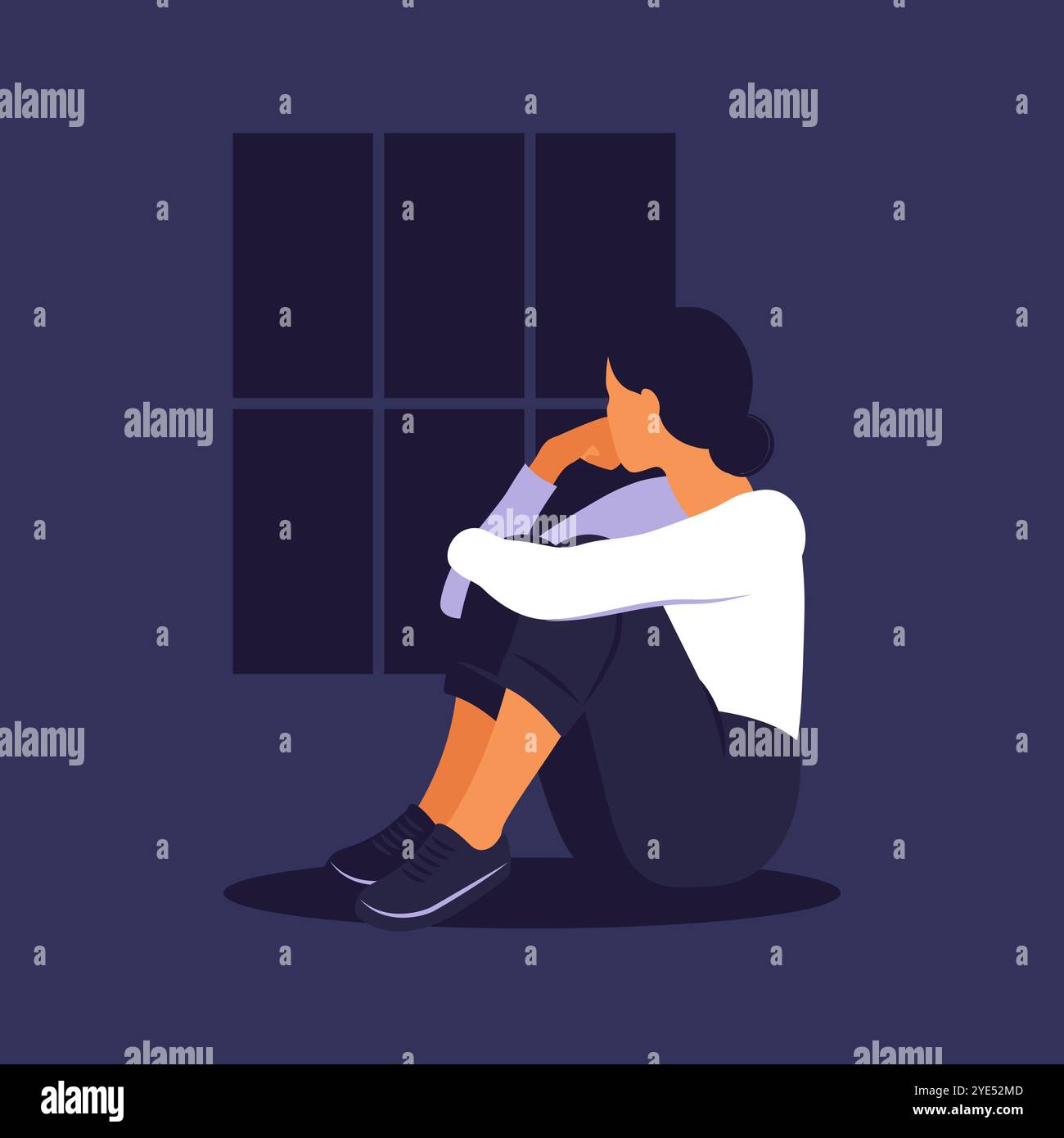 Woman in depression with bewildered thoughts in her mind. Young sad ...