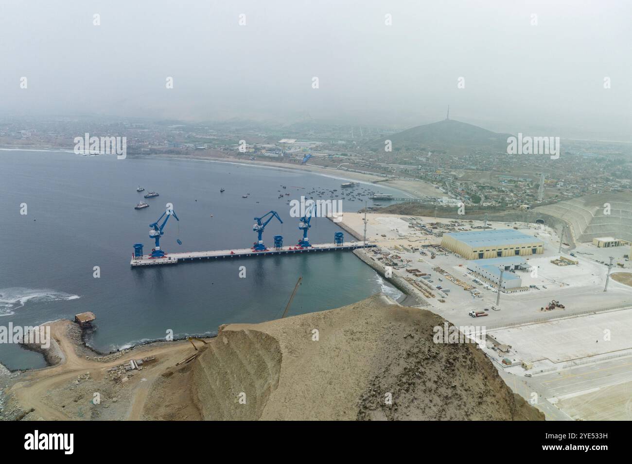 A view of the Chinese-funded port construction site, in Chancay, Peru ...