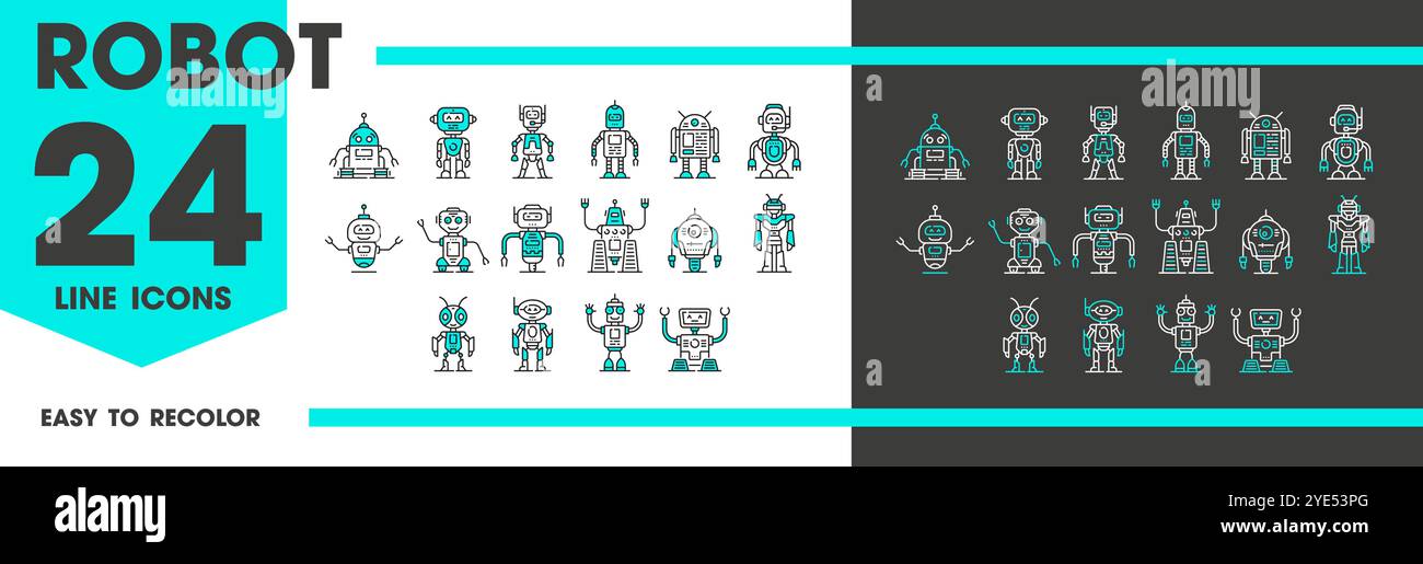 Mechanical robot and droids line icons, cyborg and robotic android bots ...