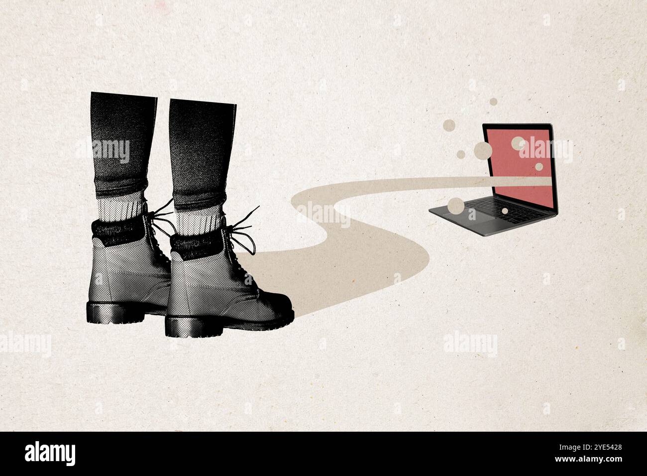 Composite photo collage of anonym girl legs wear jeans boots way laptop ...