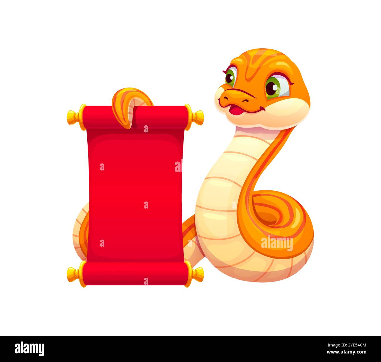 Cartoon Chinese new lunar year snake character holding a red scroll ...