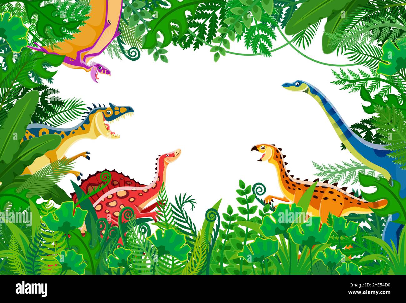 Funny cartoon prehistoric dinosaur in jungle forest frame. Vector ...