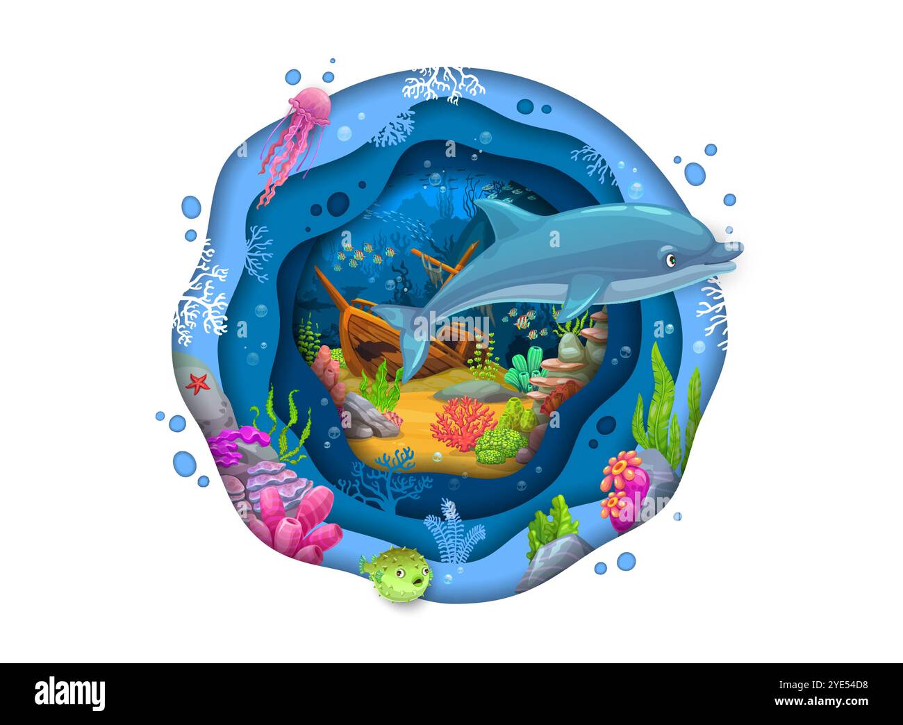Blue dolphin on paper cut underwater landscape vector background ...