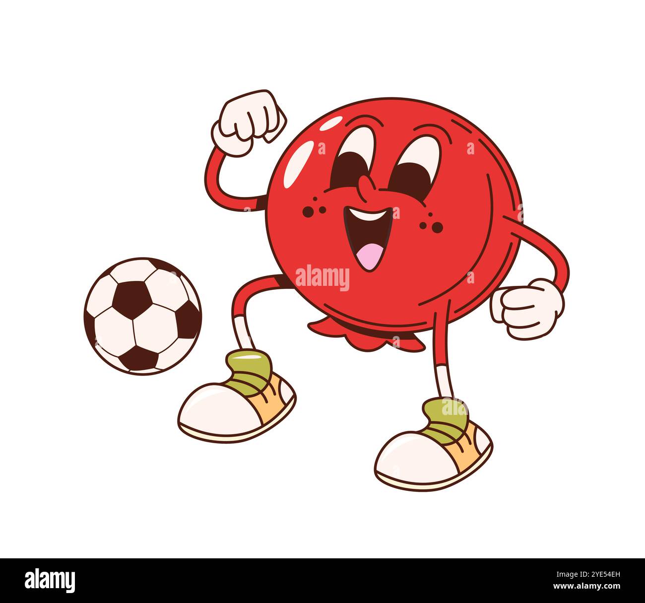 Retro groovy cranberry berry character playing soccer with a ball ...