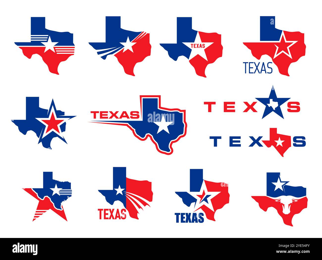 Texas state map icons with vector flag stars, blue, red and white ...