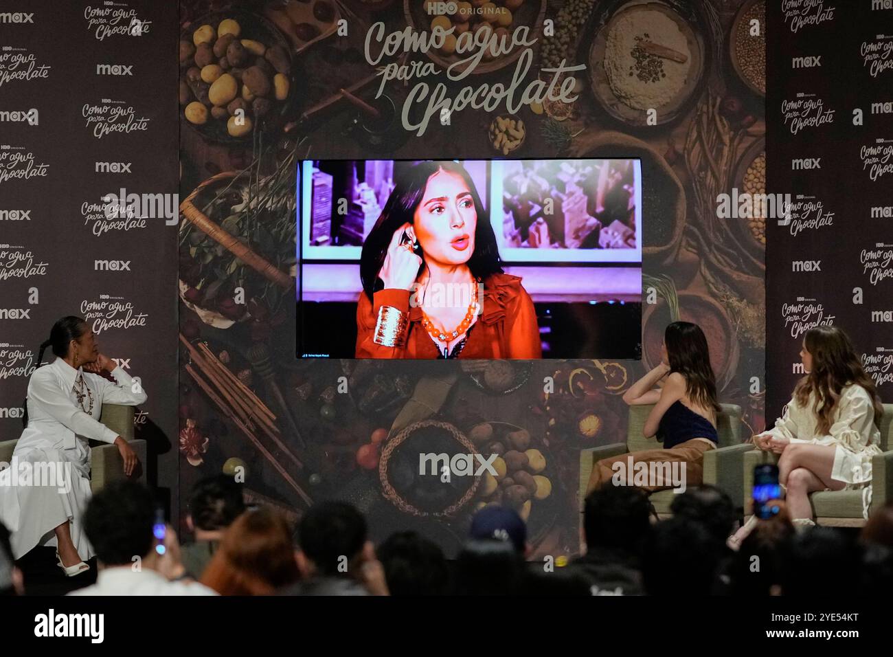 Mexican actresses, from left, Angeles Cruz, Irene Azuela, Ana Valeria Becerril, watch a live ...