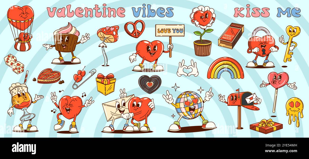 Groovy Valentine day and love characters in retro cartoon, vector comic ...