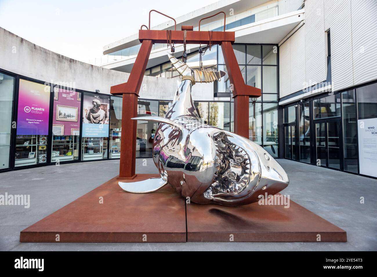 Bordeaux, October 24th 2024: Steel shark sculpturer outside the Musée ...