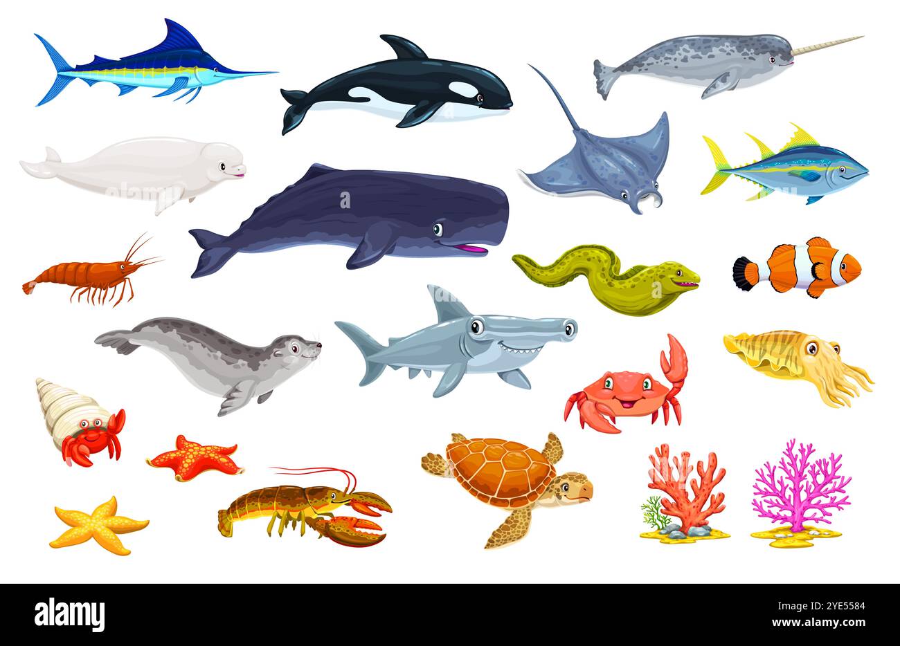 Cartoon underwater animal and fish characters. Cute sea and ocean life ...