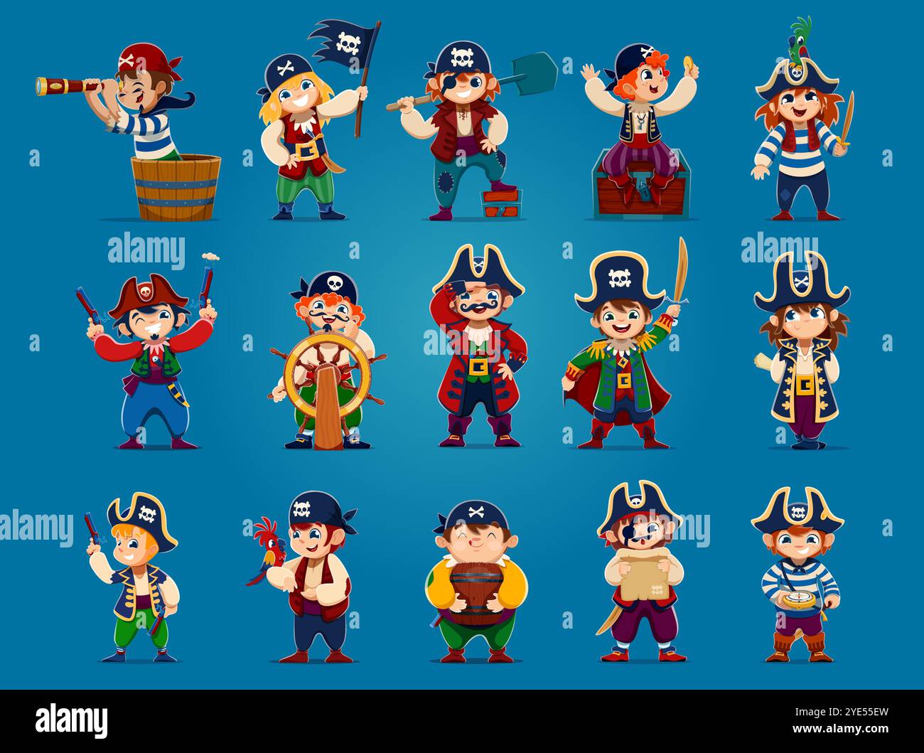 Kid pirate and corsair characters. Cartoon cute pirate boys and girls vector personages with ...