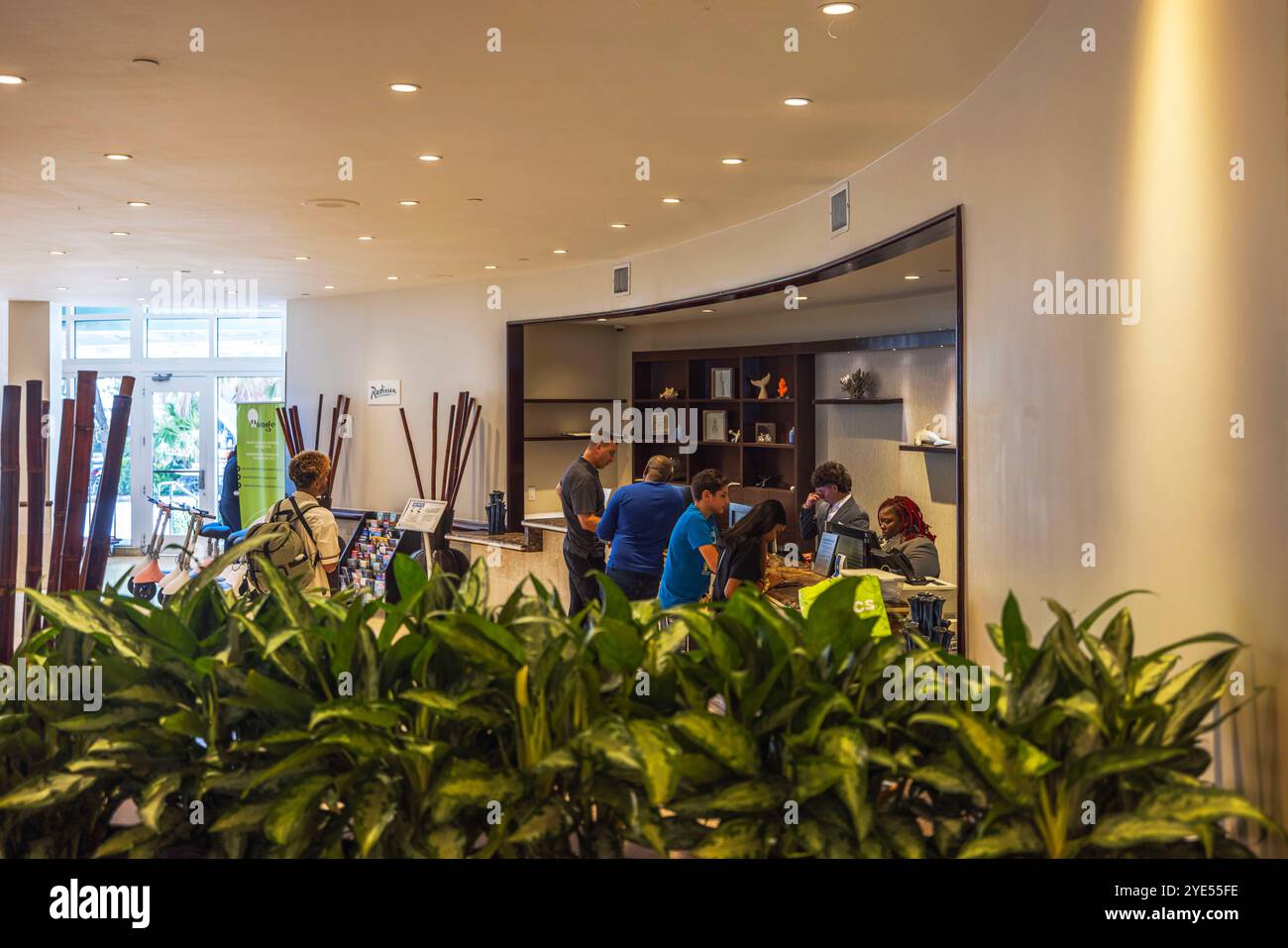 Guests checking in at reception desk of Radisson hotel lobby with ...