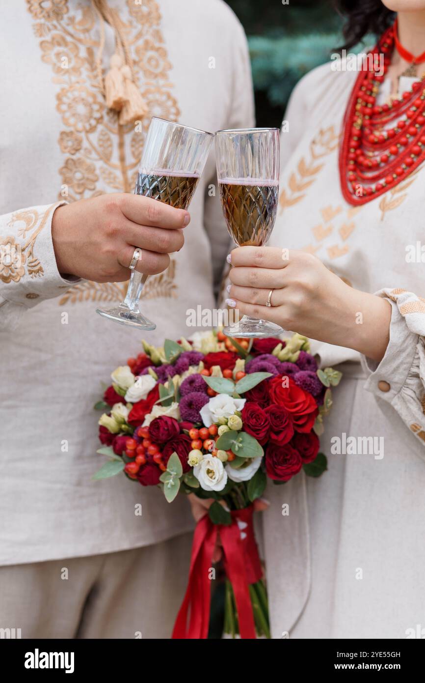 Celebratory Toast with Floral Bouquet at a Traditional Wedding Ceremony ...