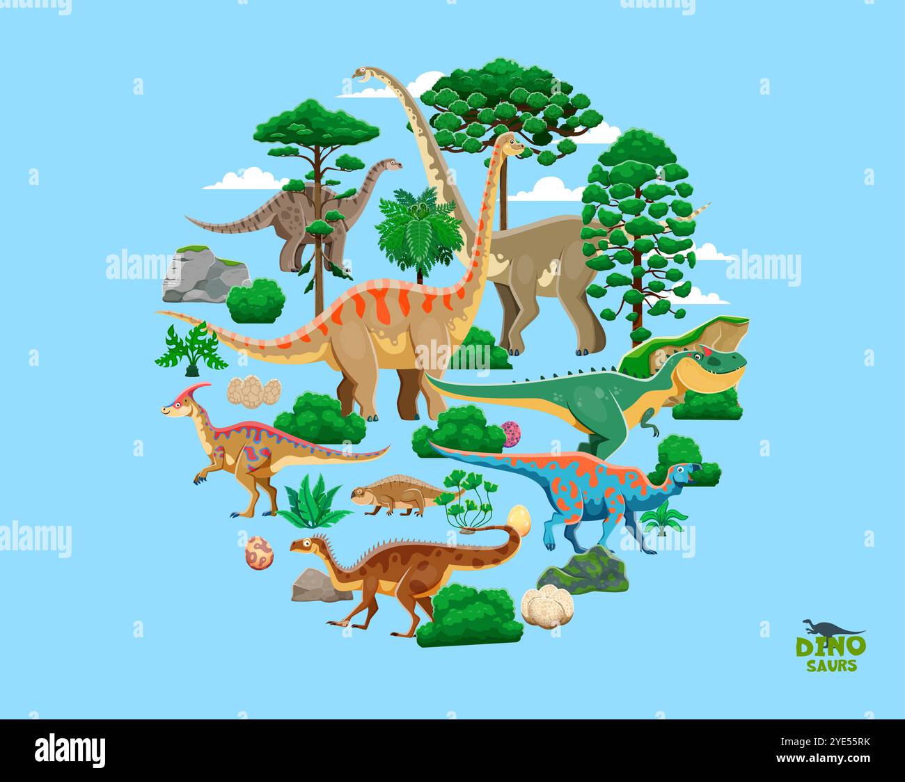 Prehistoric dinosaurs round shape with cartoon dino characters amidst a ...
