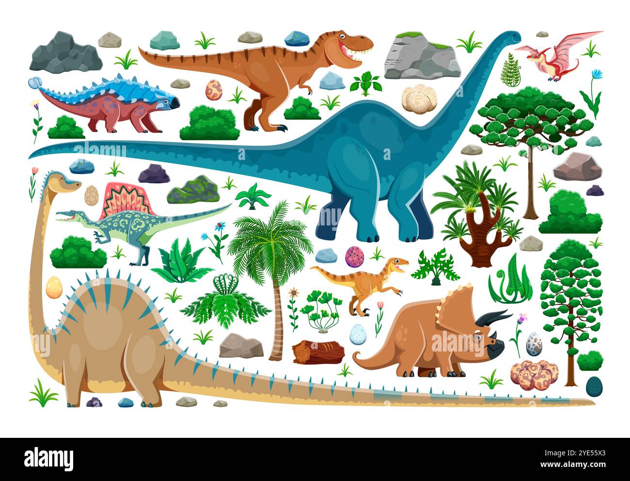 Prehistoric dinosaur characters and vegetation cartoon vector set ...