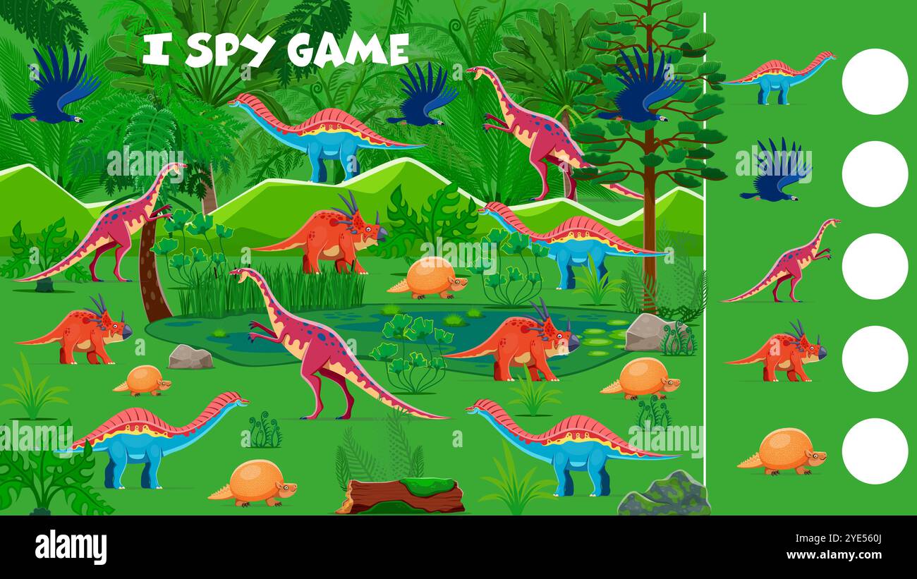 Prehistoric dinosaurs i spy game worksheet for kids. Vector riddle task ...
