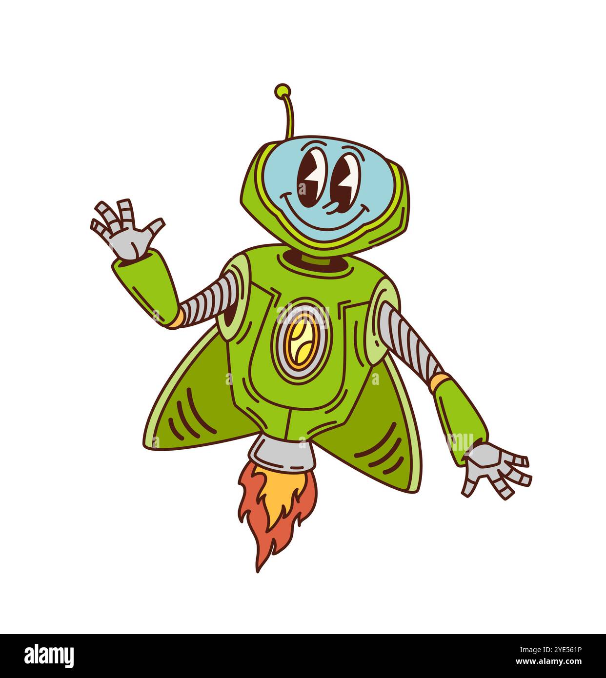 Cartoon retro groovy flying robot character or space alien droid ...