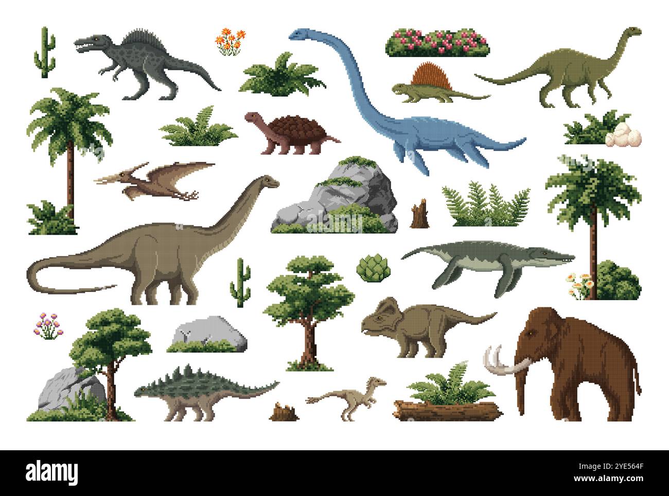 Prehistoric 8 bit pixel art dinosaurs for game assets, vector lizards ...