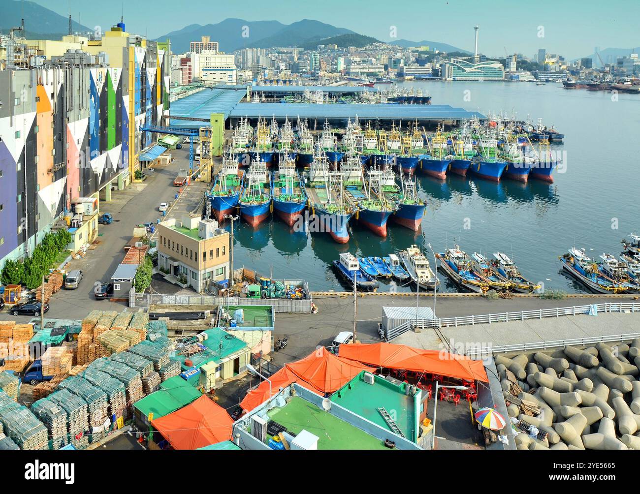 Fishing boats in the port of Busan, the largest port in South Korea ...