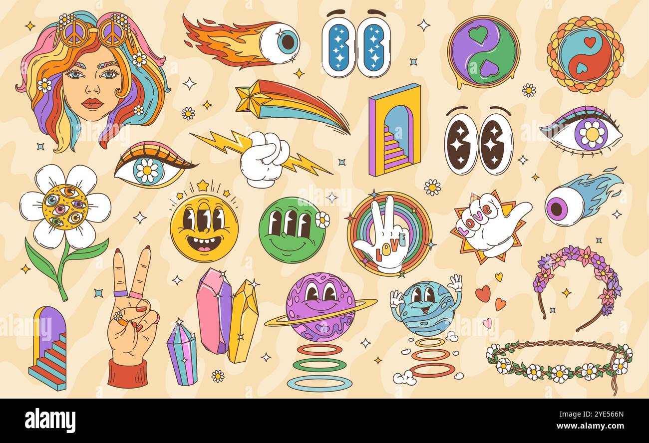 Cartoon retro groovy hippie characters and symbols. Vector psychedelic ...