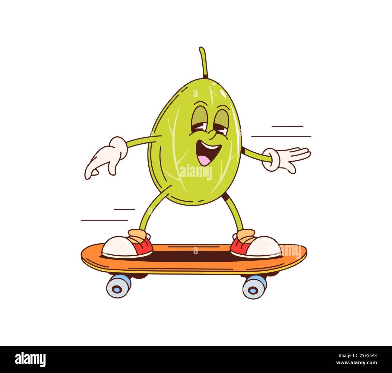 Retro groovy gooseberry berry character riding skateboard. Isolated ...