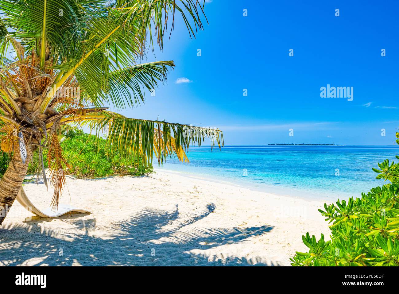 Shoreline of a tropical island in the Maldives and view of the Indian Ocean. Omadhoo (Alif Dhaal ...