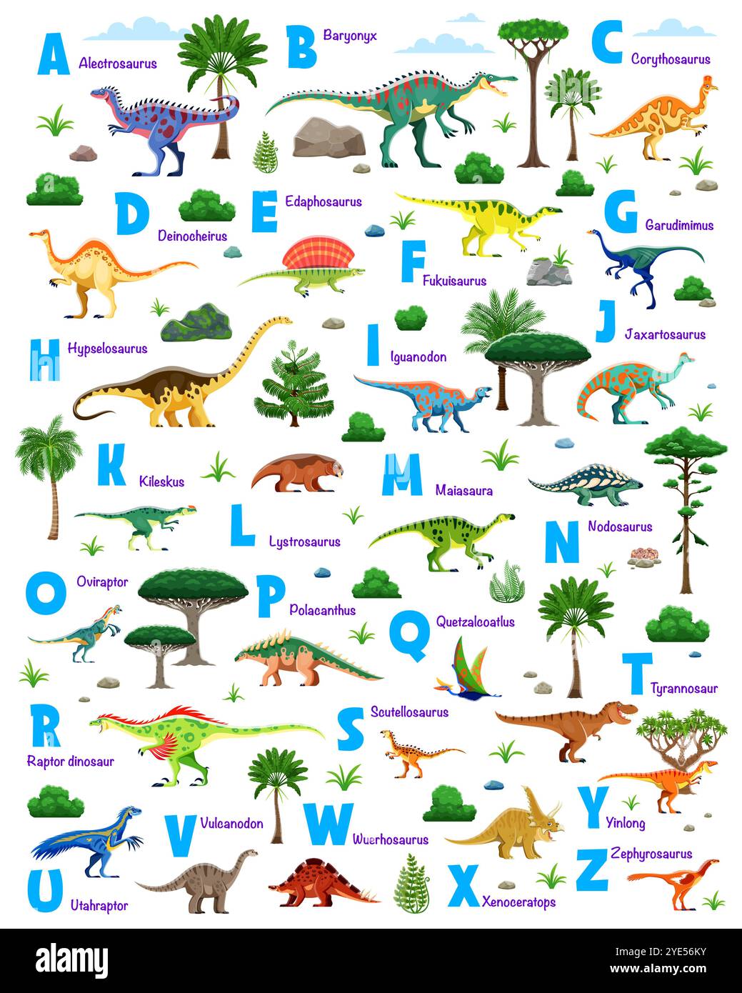 Dinosaur alphabet with cartoon dino animals and letters vector ...